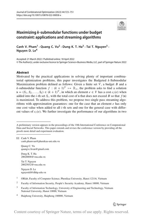 maximizing k submodular functions under budget constraint applications and streaming algorithms