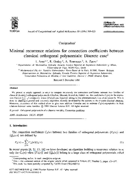 pdf minimal recurrence relations for connection coefficients between classical orthogonal