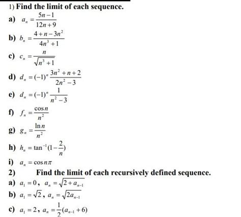 solved 1 find the limit of each sequence a an 12n 95n−1