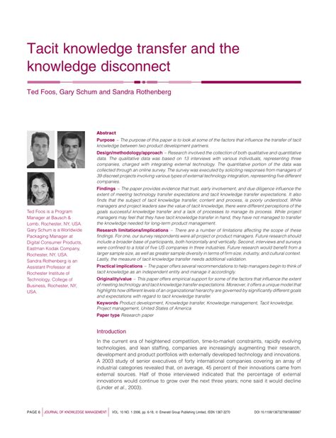 pdf tacit knowledge transfer and the knowledge disconnect