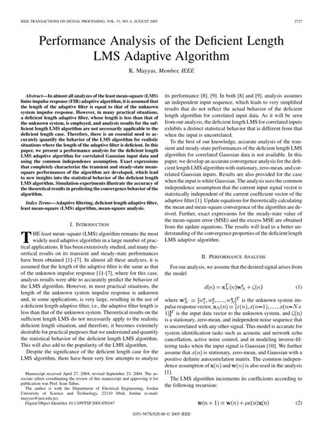 pdf performance analysis of the deficient length lms adaptive algorithm