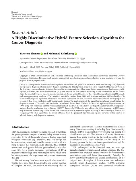 pdf a highly discriminative hybrid feature selection algorithm for cancer diagnosis