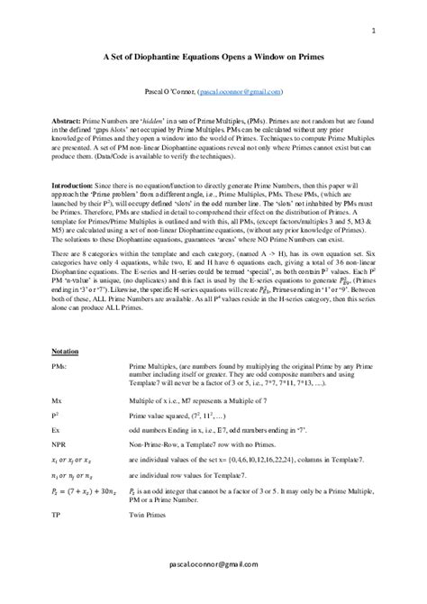 pdf a set of diophantine equations opens a window on primes pascal o connor