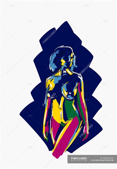 Vector Illustration Of Naked Fit Female With Colorful Body Against Blue