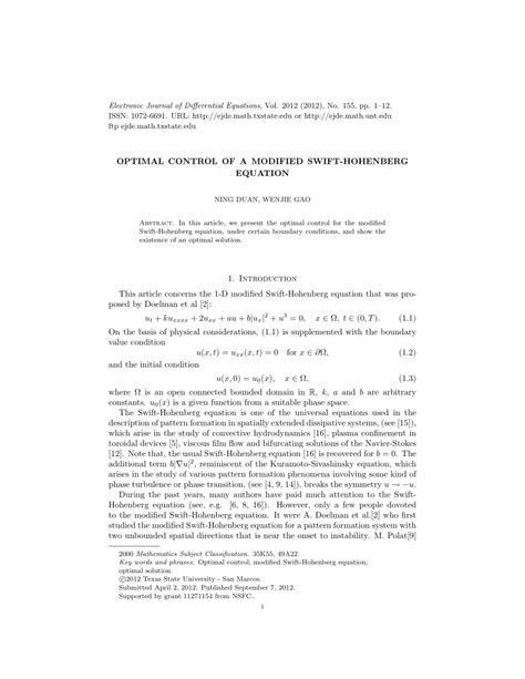 pdf optimal control of a modified swift hohenberg equation