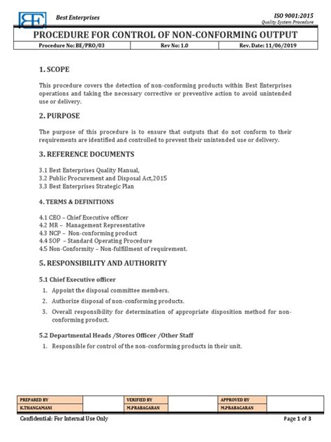 03 procedure for control of non conforming output pdf