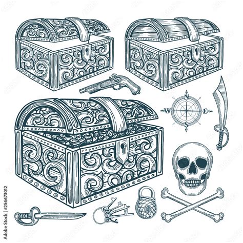 Treasure Pirate Treasure Chest And Elements Illustrations Set Pirate