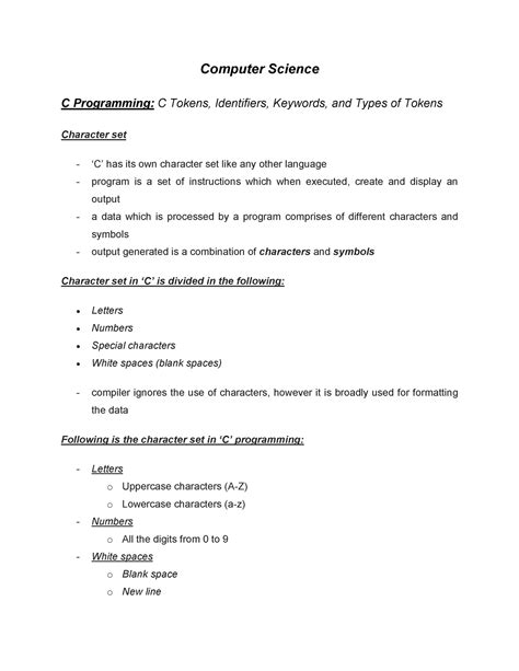 c programming c tokens identifiers keywords and types of tokens computer science c