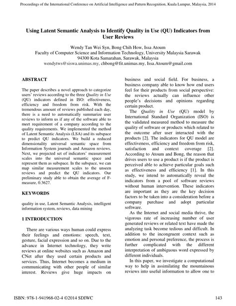 pdf using latent semantic analysis to identify quality in use qu indicators from user reviews
