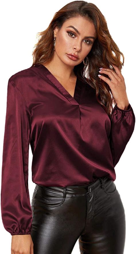 Didk Womens Blouses Long Sleeve Top Satin Top With V Neck Blouse Tunic Tops Lantern Sleeves