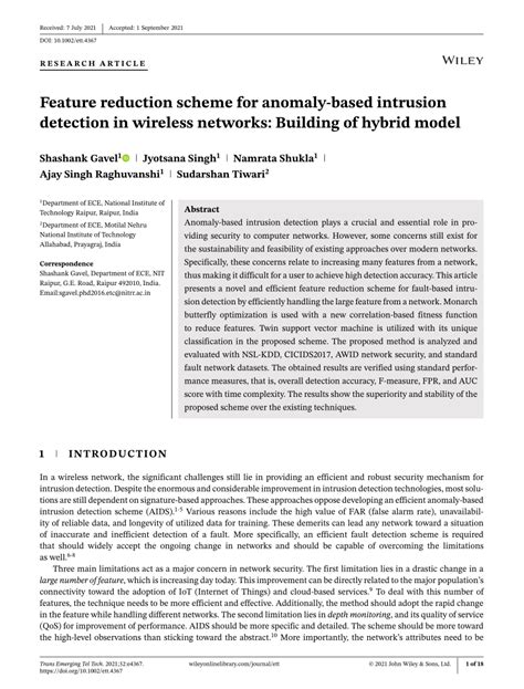 feature reduction scheme for anomaly‐based intrusion detection in wireless networks building of