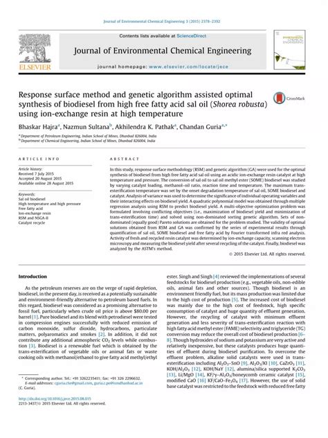 pdf response surface method and genetic algorithm assisted optimal synthesis of biodiesel from