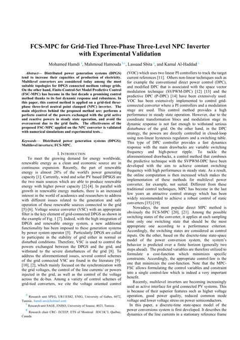 pdf fcs mpc for grid tied three phase three level npc inverter with experimental validation
