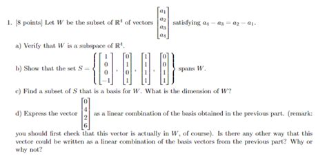 solved 41 1 18 points] let w be the subset of r4 of vectors