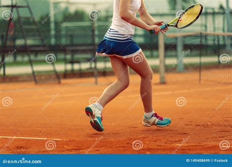 Beautiful Female Athlete With Perfect Body Posing On Tennis Court Close Up Stock Image Image