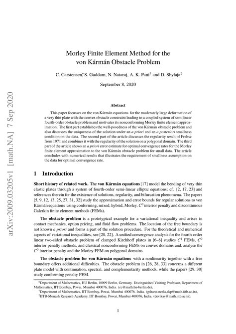 pdf morley finite element method for the von k {a}rm {a}n obstacle problem