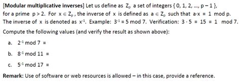 solved [modular multiplicative inverses] let us define as zp