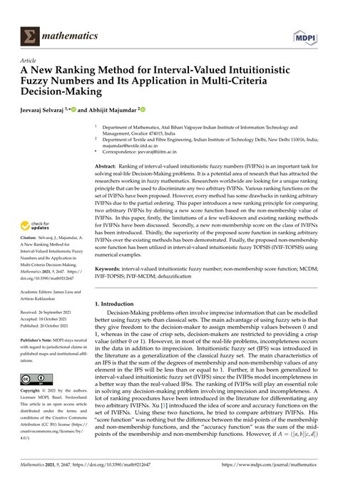 pdf a new ranking method for interval valued intuitionistic fuzzy numbers and its application