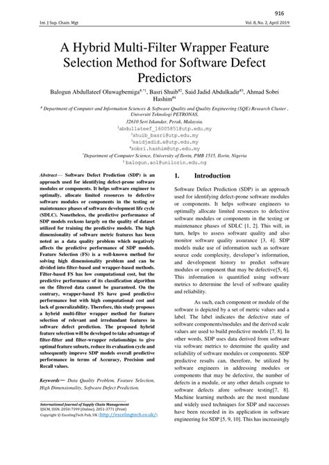 pdf a hybrid multi filter wrapper feature selection method for software defect predictors