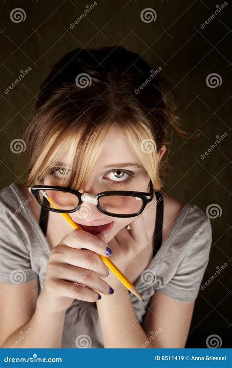 Closeup Of Pretty Young Nerdy Girl Stock Image Image Of Brunette Glasses 8511419
