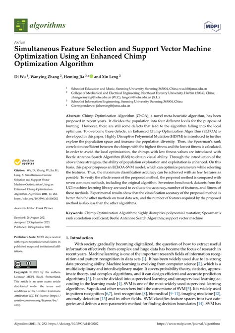 pdf simultaneous feature selection and support vector machine optimization using an enhanced