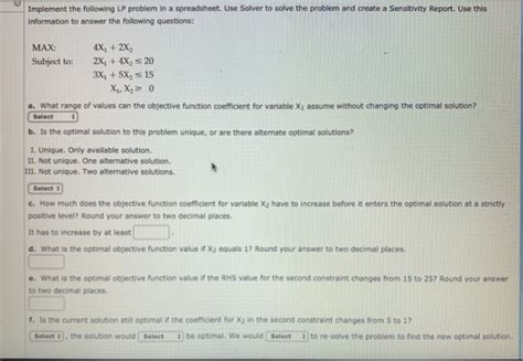 solved implement the following lp problem in a spreadsheet
