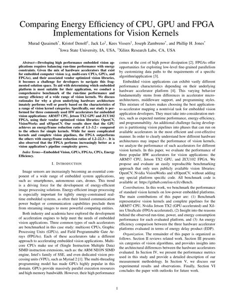 pdf comparing energy efficiency of cpu gpu and fpga implementations for vision kernels