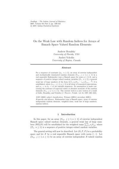 on the weak law with random indices for arrays of banach space