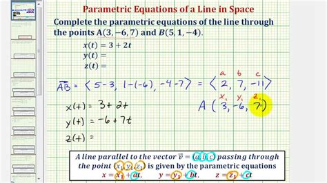 ex find the parametric equations of a line in space given two points on the line youtube