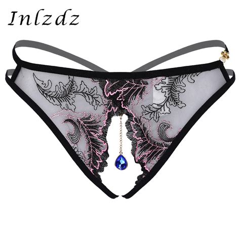 Lingerie Crotchless Sissy Underwear For Mens Rhinestone Pendant Flower Embroidery Underpants