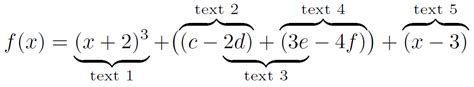 [tex latex] how to put big brackets under different parts of an equation to attach text labels