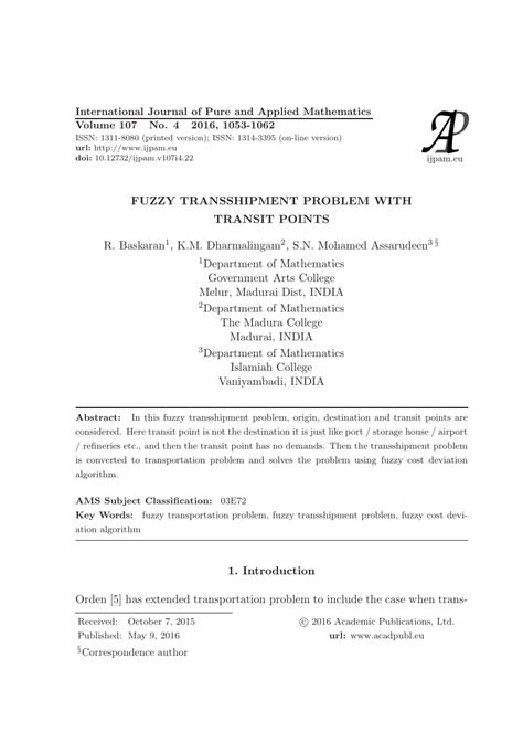 pdf fuzzy transshipment problem with transit points