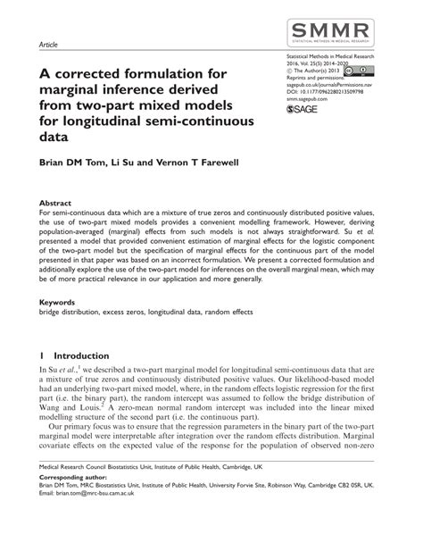 pdf a corrected formulation for marginal inference derived from two part mixed models for