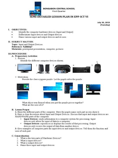 semi detailed lesson plan in epp ict vi bongabon central school pdf input output computer