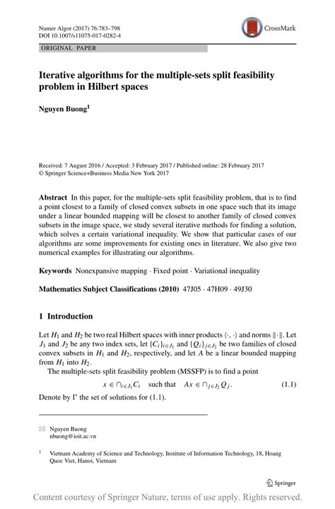 iterative algorithms for the multiple sets split feasibility problem in hilbert spaces request pdf