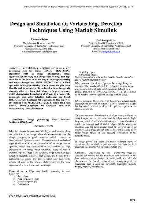 pdf design and simulation of various edge detection techniques using matlab simulink