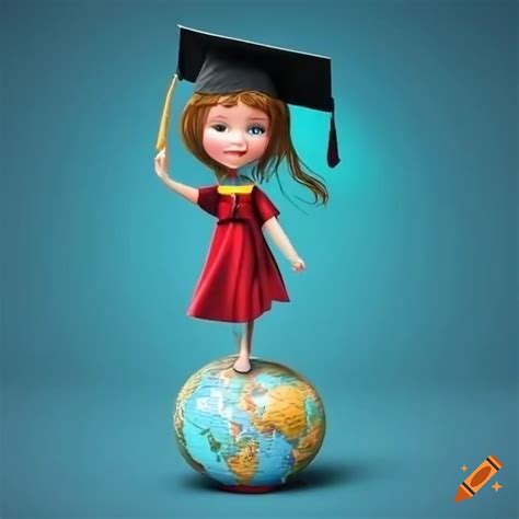 Full Body Animated Girl Standing On The Globe In Graduation Gown On Craiyon