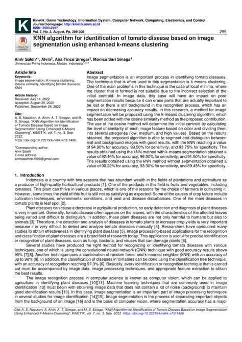 pdf knn algorithm for identification of tomato disease based on image segmentation using