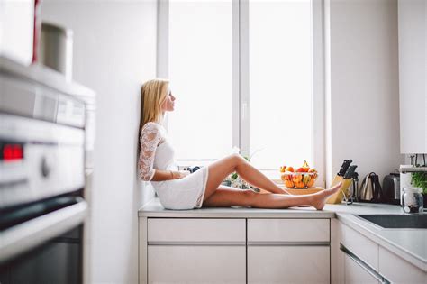 Wallpaper Women Blonde Barefoot Legs Sitting White Dress Bed Kitchen Side View