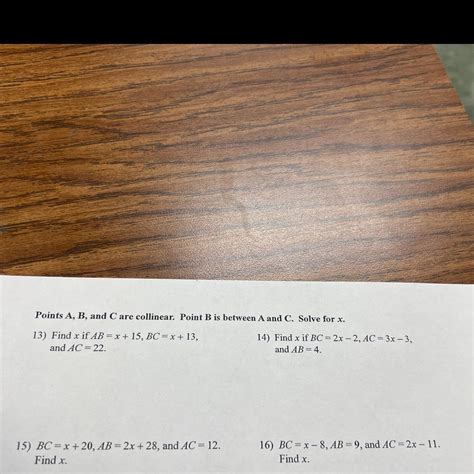 points a b and c are collinear point b is between a and c solve for x