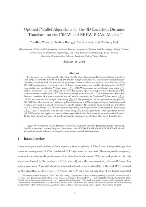 pdf optimal parallel algorithms for the 3d euclidean distance transform on the crcw and erew