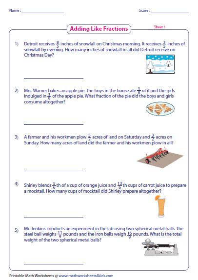 Adding And Subtracting Fractions Word Problems Worksheets