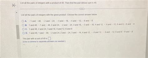 solved list ail the pairs of integers with a product of 48