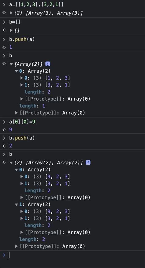 javascript js when pushing an array a into a multidimensional array b it is overwriting the