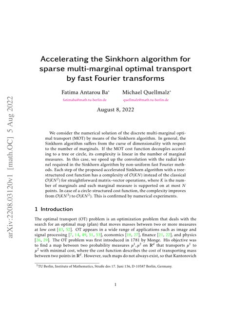 pdf accelerating the sinkhorn algorithm for sparse multi marginal optimal transport by fast