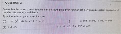 solved question 2 1 determine the value c so that each of