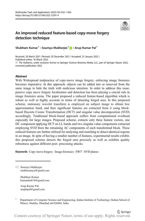 an improved reduced feature based copy move forgery detection technique request pdf