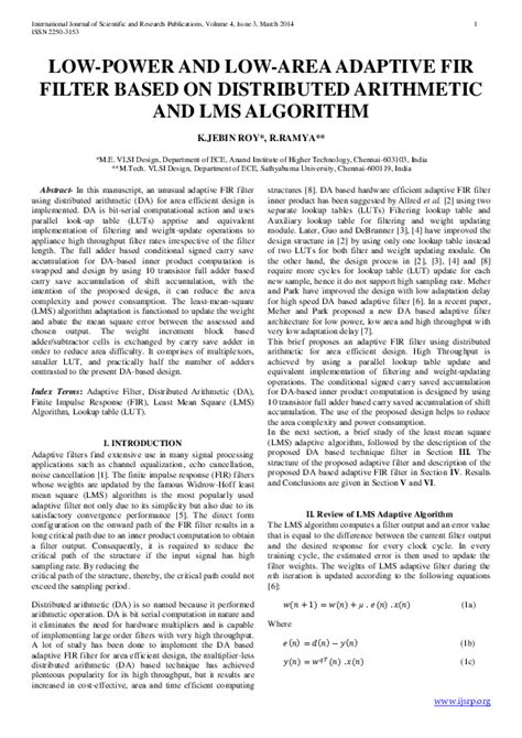 pdf low power and low area adaptive fir filter based on distributed arithmetic and lms