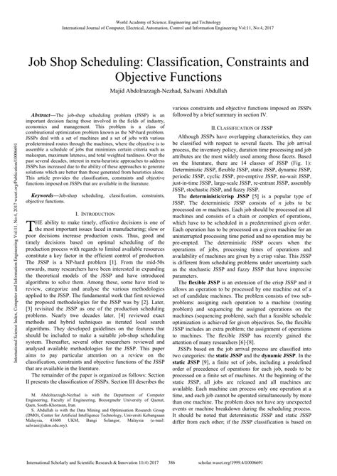 pdf job shop scheduling classification constraints and objective functions