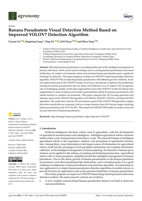 pdf banana pseudostem visual detection method based on improved yolov7 detection algorithm